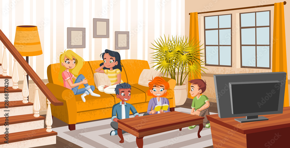 Group of cartoon young people on sofa. Teenager friends. Stock Vector ...