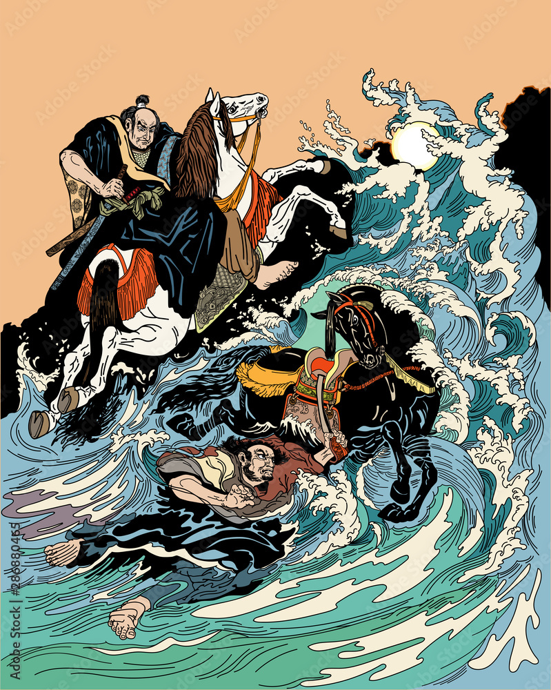 Two samurai horsemen crossing a stormy sea. One warrior with a black ...
