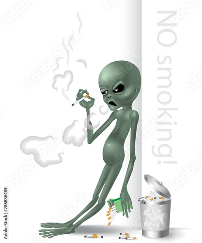 Grey alien green color smokes cigarettes. Vector illustration. Isolated ...