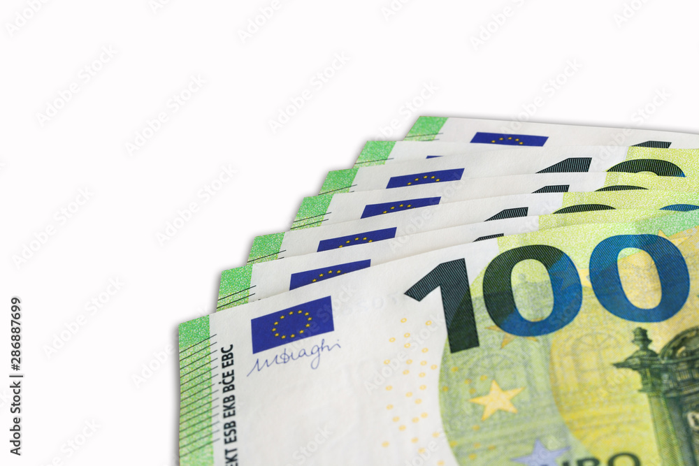 100 Euro Geldscheine, gefächert auf weißem Hintergrund ภาพถ่ายสต็อก ...