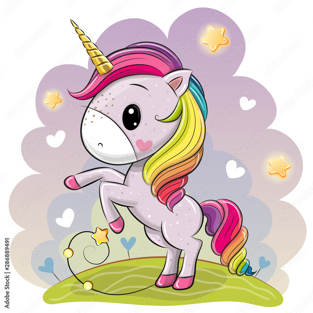 Cartoon Unicorn with a lush rainbow mane on a meadow Stock Vector ...