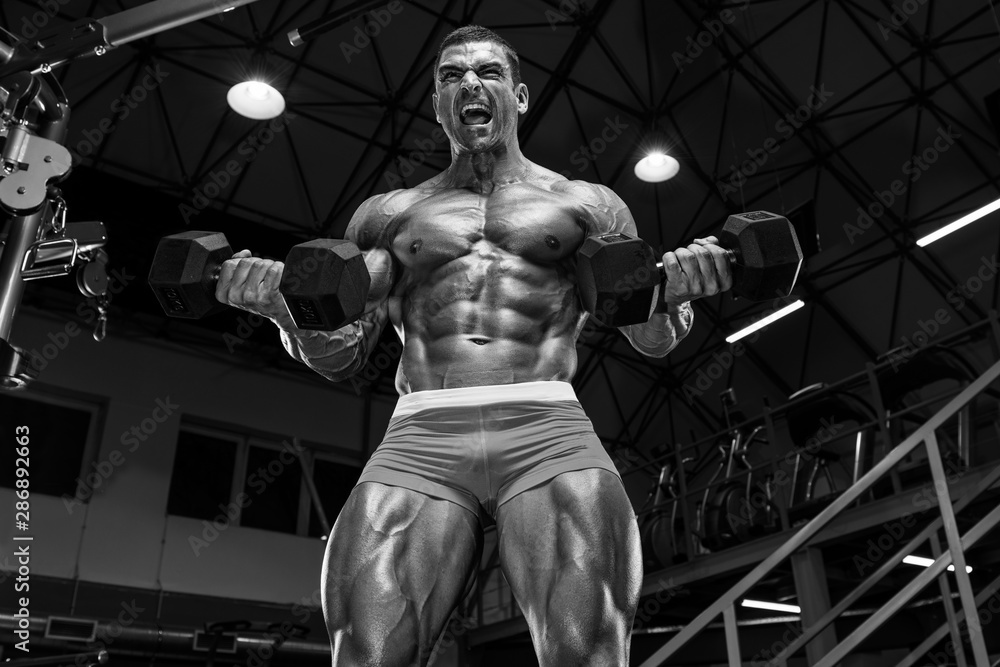 Bodybuilder Workout in the Gym, doing Biceps Exercise.Black and White ...