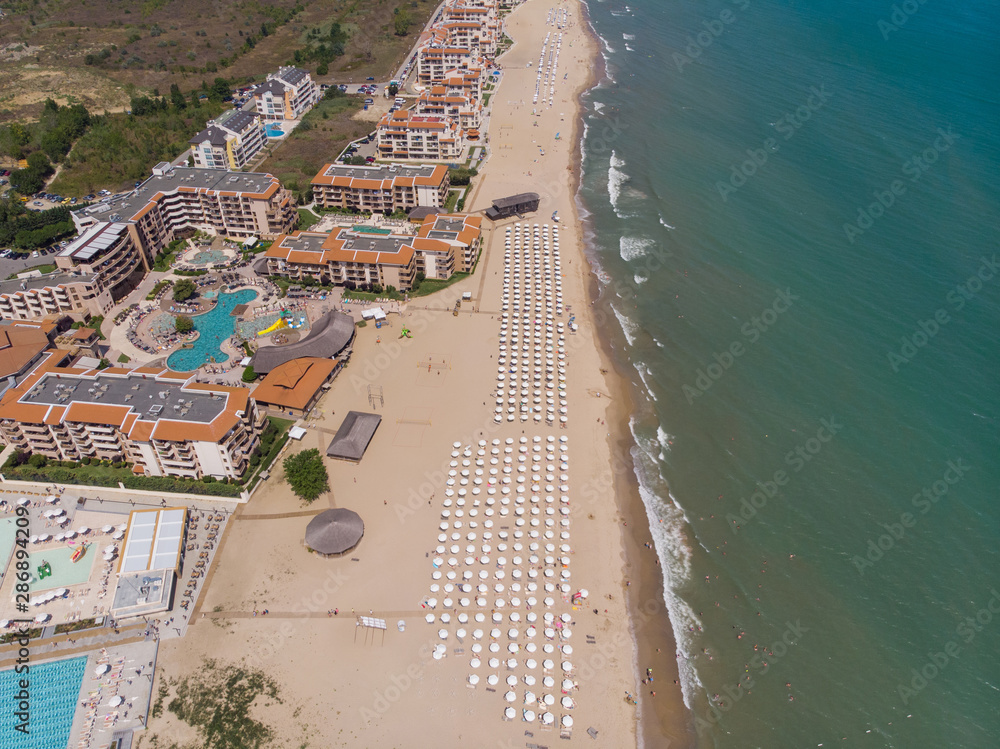 Aerial photo of the beautiful small town and seaside resort known as Obzor in Bulgaria showing ...