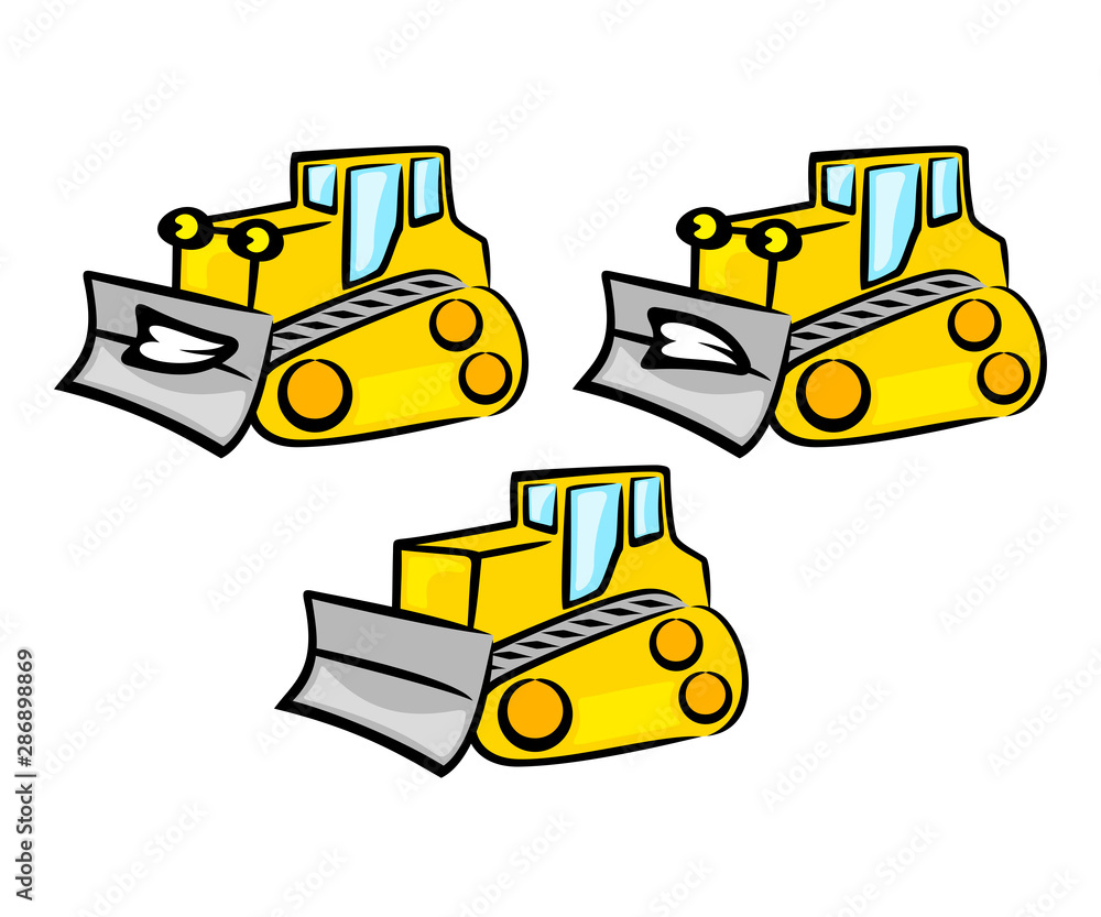 Tractor, bulldozer and dozer cartoon character, logo design. Transport ...