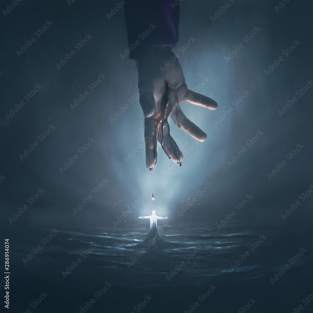Hand of Jesus and glowing man Stock Illustration | Adobe Stock