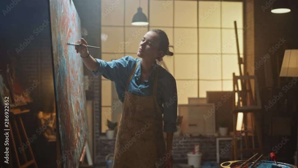 Video „Female Artist Works on Abstract Oil Painting, Moving Paint Brush ...