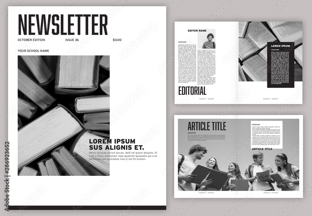 Black and White Newsletter Layout สต็อกเทมเพลต | Adobe Stock