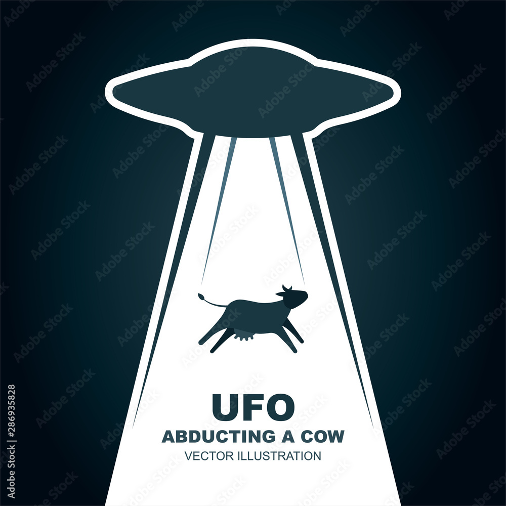 UFO abducts cow. Aliens ship vector illustration. Flat design. Part of ...