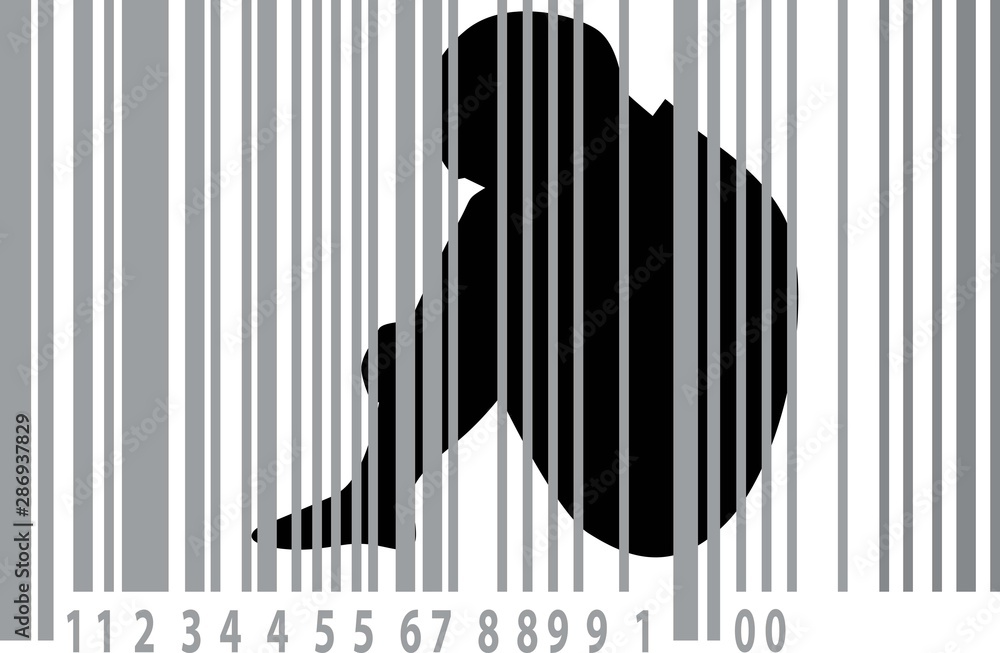 Explored child behind bars made of a barcode, as a symbol for human ...