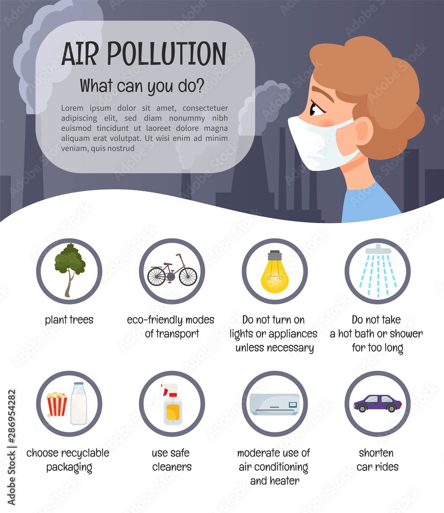 Infographics air pollution. What can you do? Icon set. Stock Vector ...