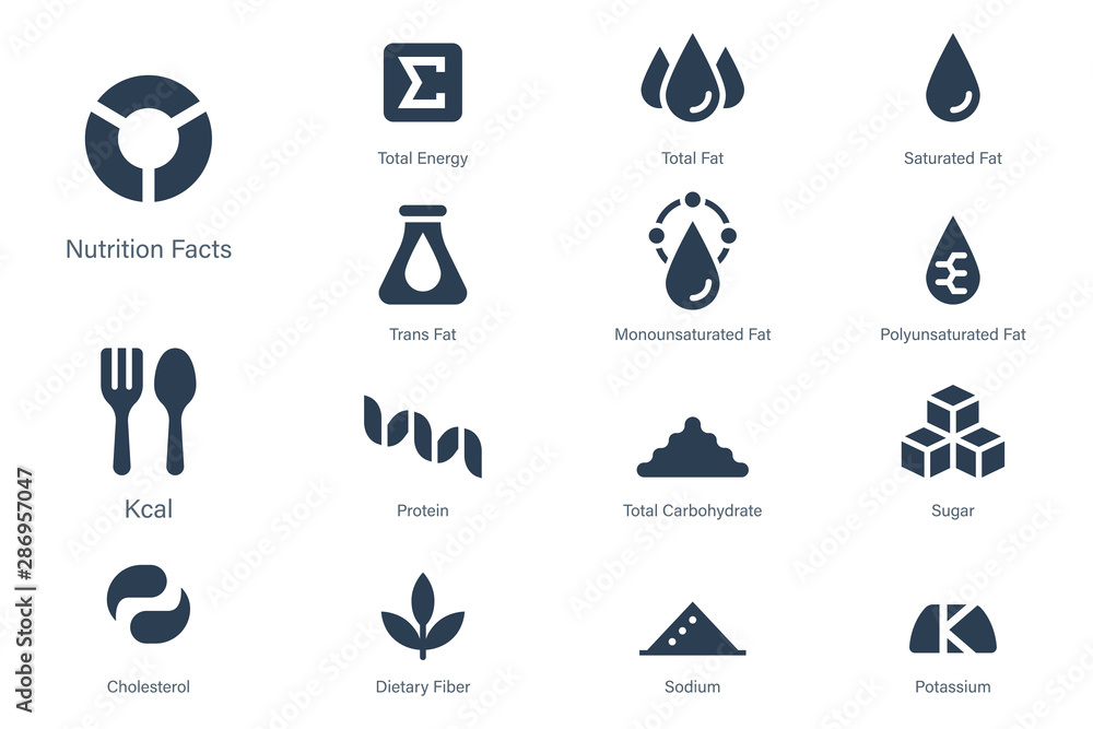 Nutrition facts icon in Glyph style. Symbols of common nutrients food ...