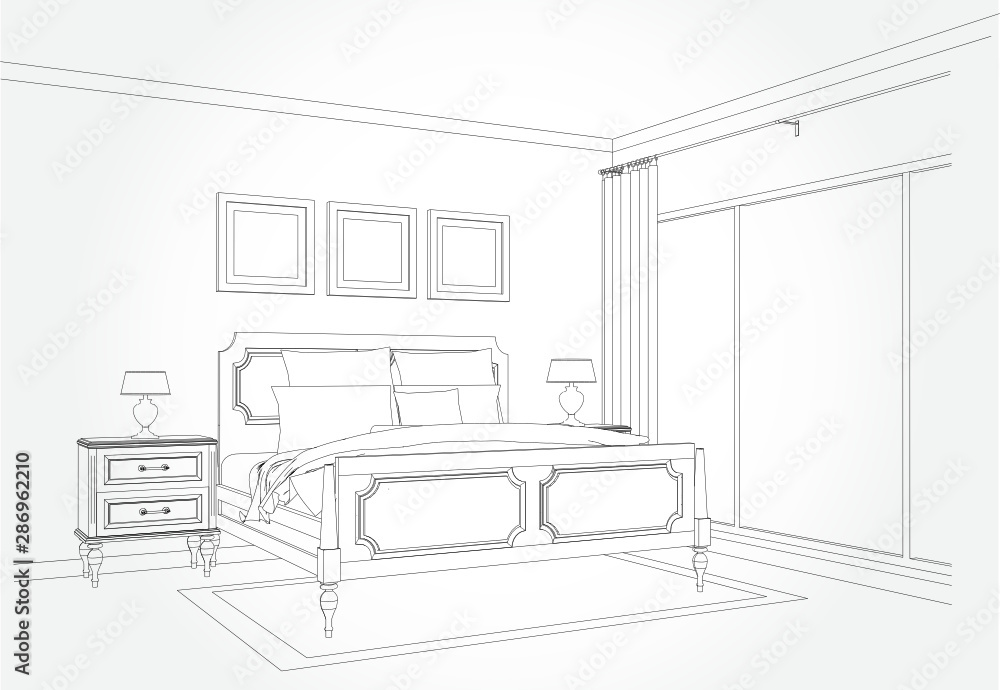 Linear sketch of an interior. Room plan. Sketch Line bedrooms. Vector ...