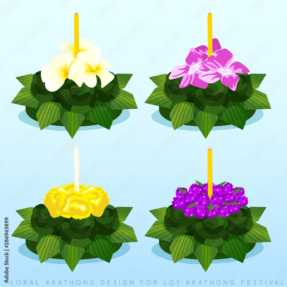 Loy Krathong, Set of Krathong design isolated on light blue background ...