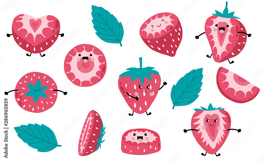 Cute strawberry cartoon collection.Whole, cut in half, sliced on pieces ...