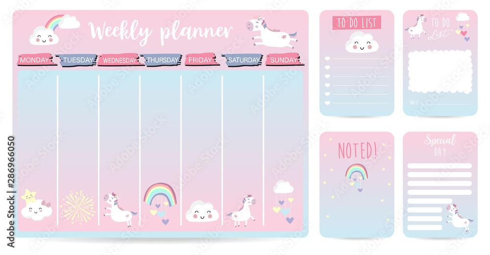 cute weekly planner background for kid with unicorn,rainbow,cloud Stock ...
