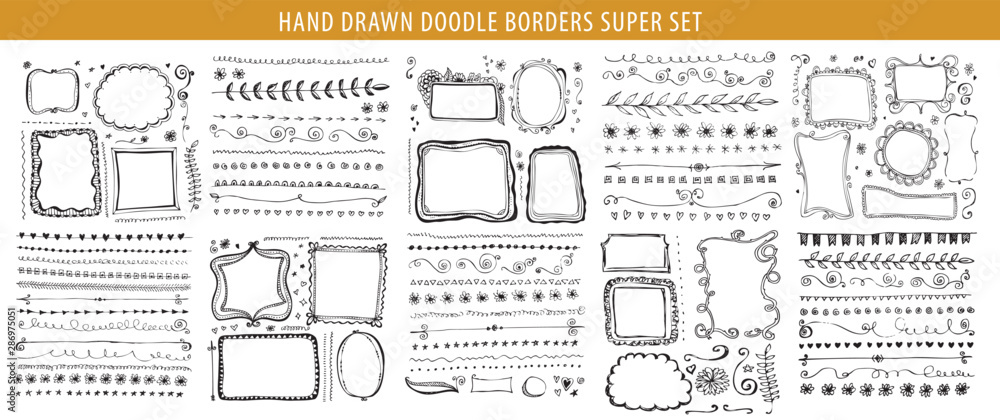 Hand drawn line, border, frame vector design element set. Template for ...