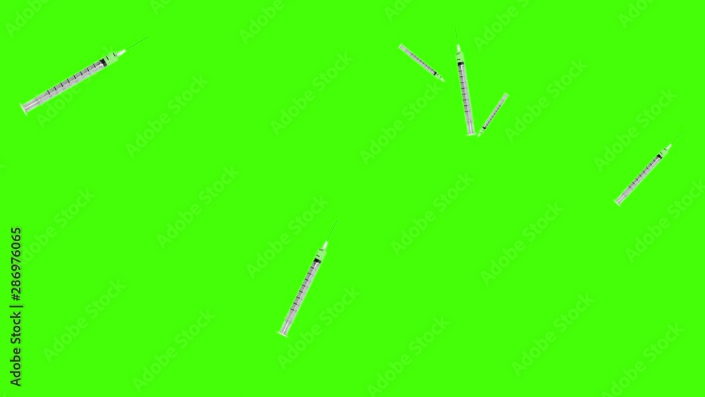 Rain of plastic syringes on green screen. Injections falling on chroma ...