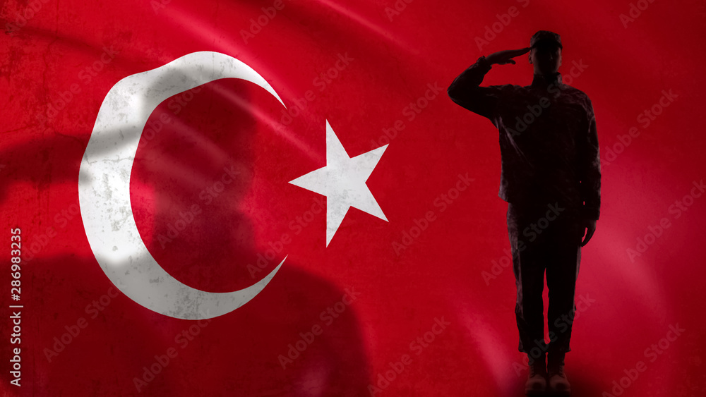 Turkish soldier silhouette saluting against national flag, army ...