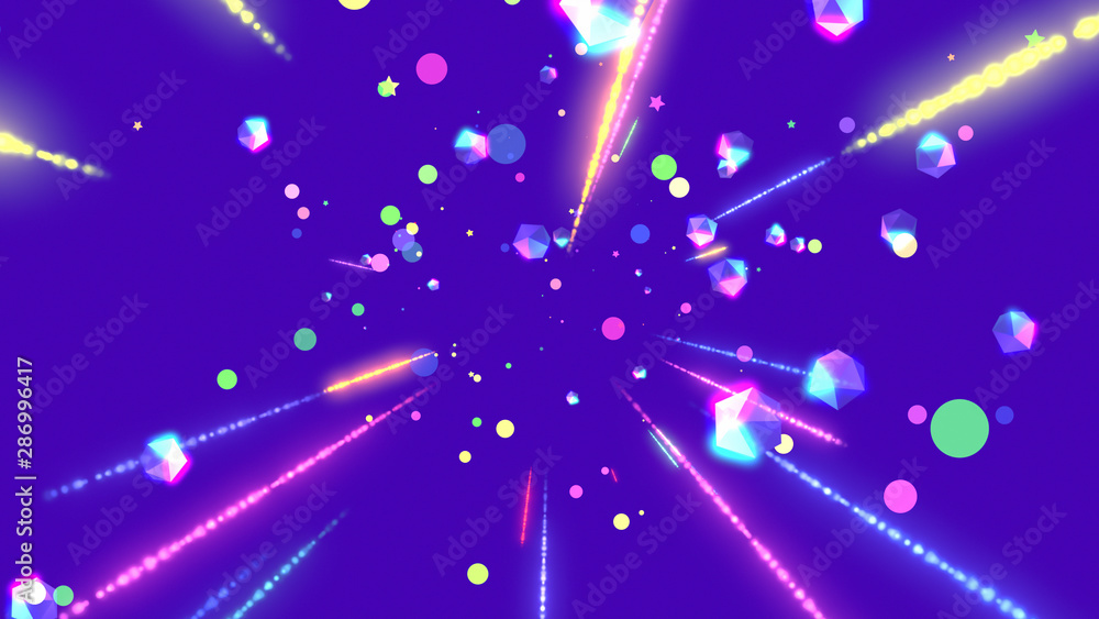 Purple neon geometric shapes with glowing particles and light streaks ...