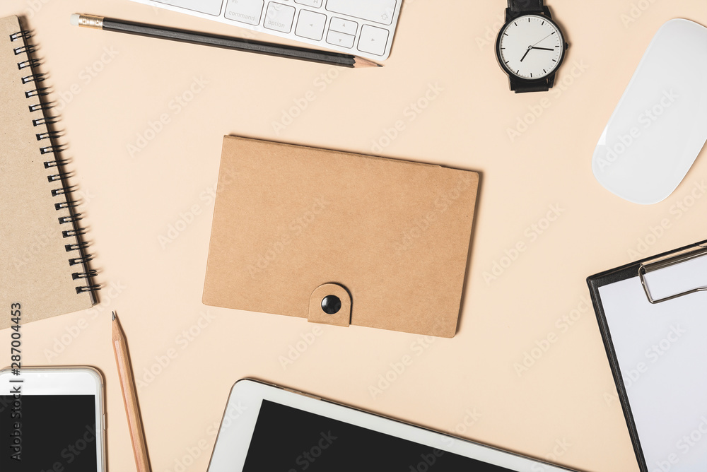 Worksheet with office desk with a lot of things on it. Top view with ...