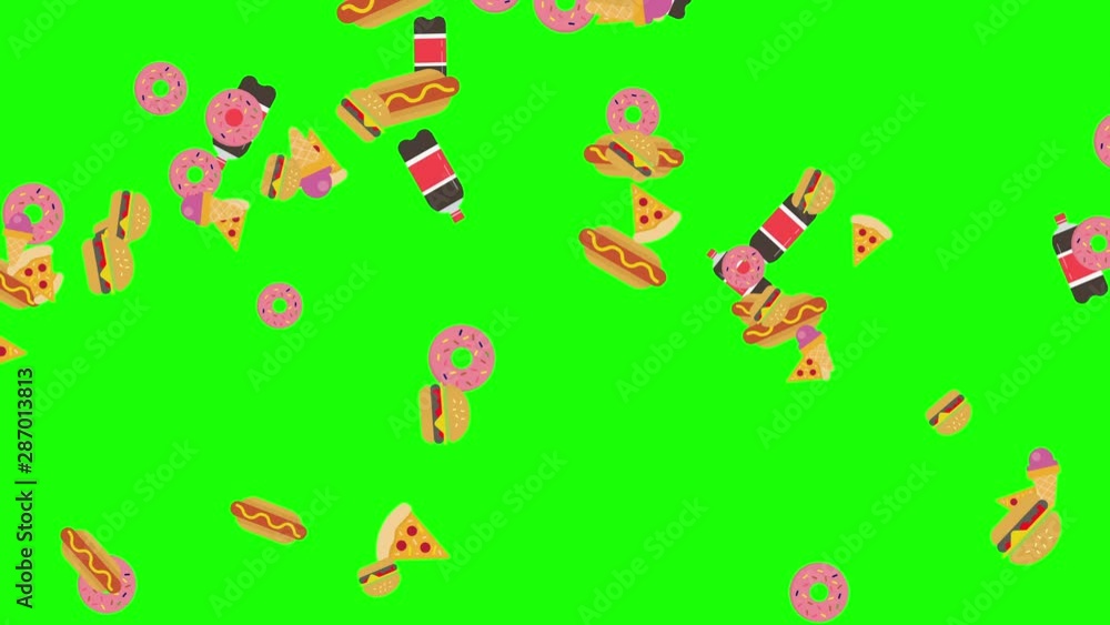 Fast food cartoon style falling on green screen background. Soda ...