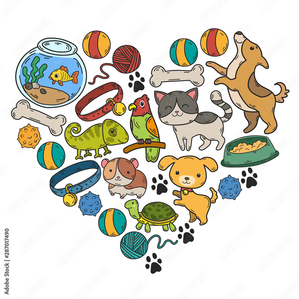 Hand drawn doodle Pets stuff and supply icons set. Vector illustration ...
