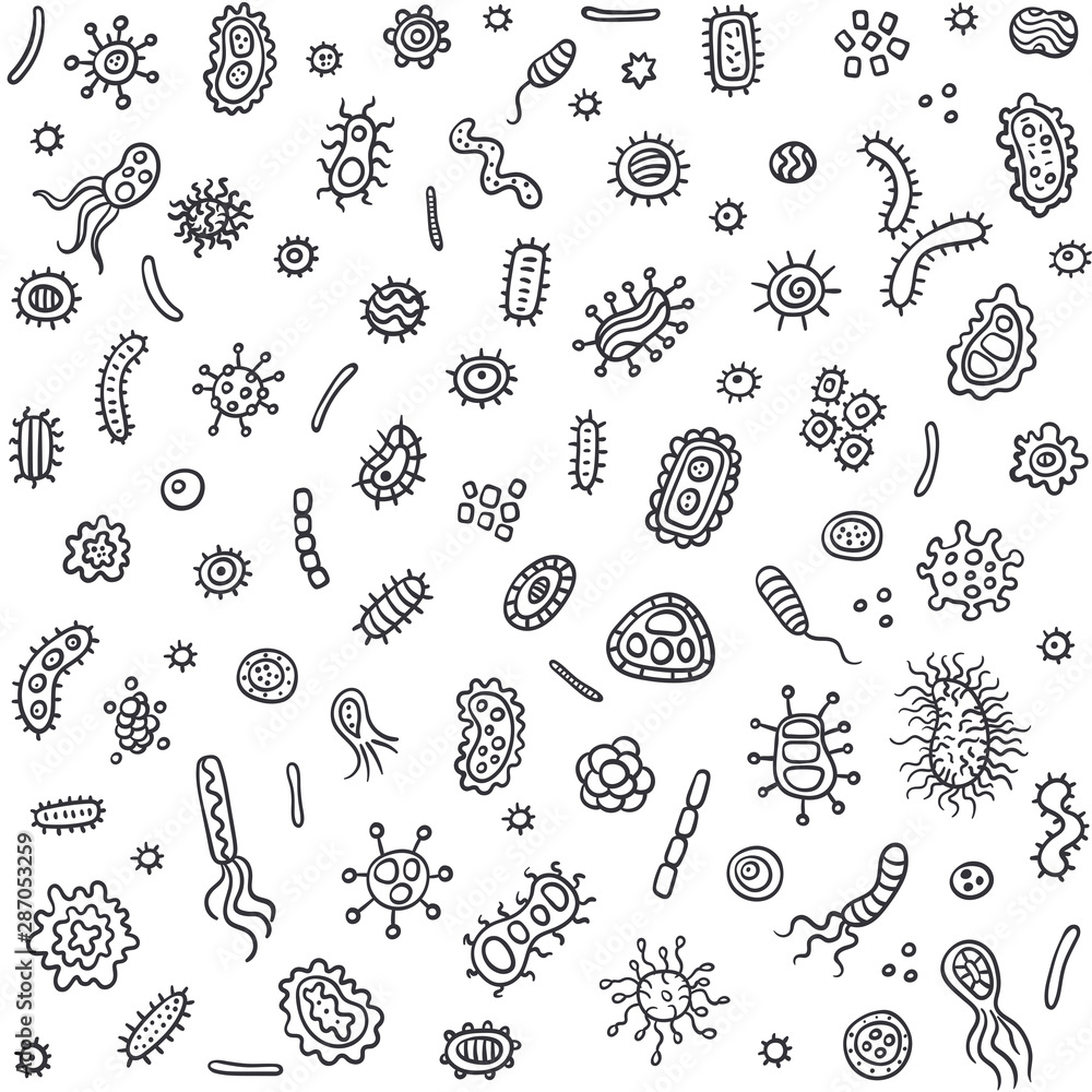 Bacteria and germs outline set, micro-organisms disease-causing objects ...