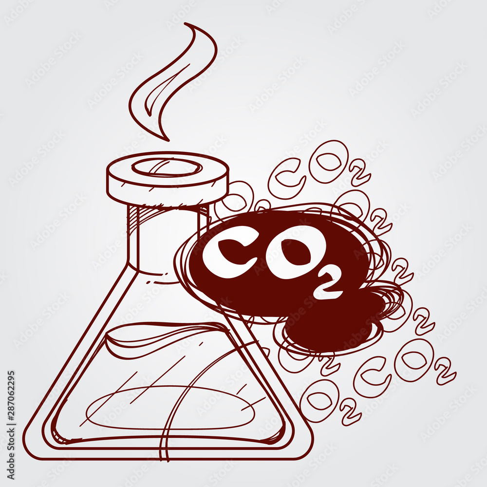 Carbon dioxide in vitro, CO2, chemical analysis. Outline drawing. Stock ...