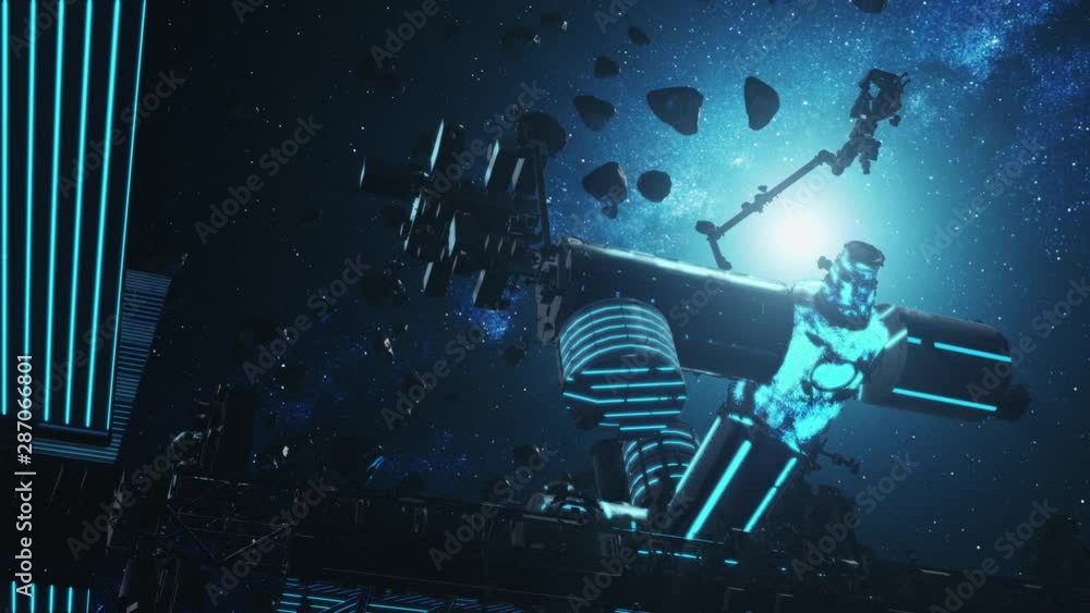 Blue and black International Space Station with solar panels in outer ...