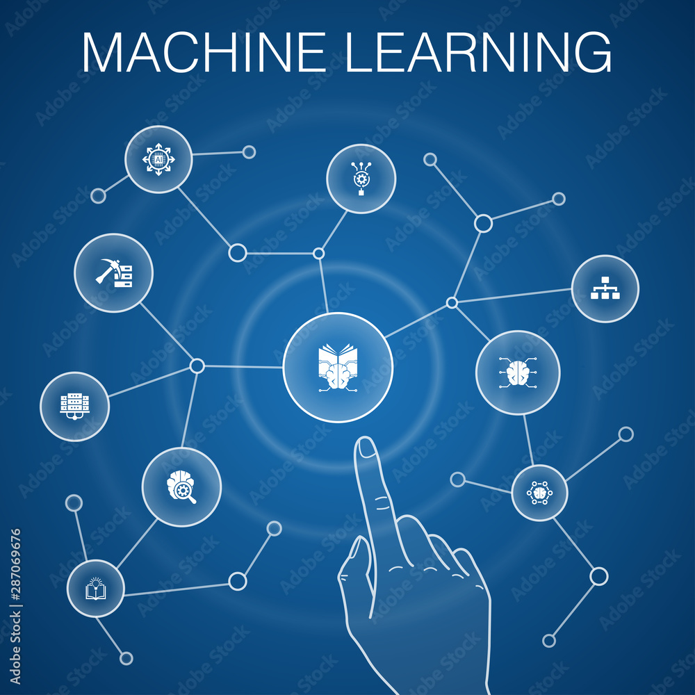 Machine learning concept, blue background.data mining, algorithm ...
