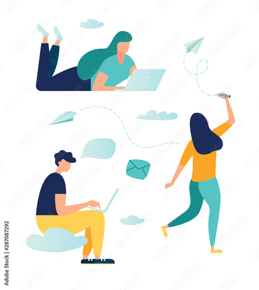 vector illustration, young people communicate through internet instant ...