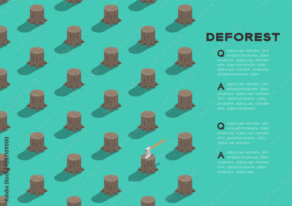 Tree stump with ax 3D isometric pattern, Deforestation concept poster ...