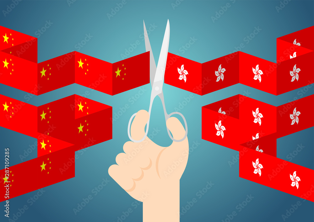 Hand with scissors cut flag paper chain of China and Hong Kong, Protest ...