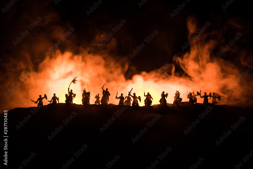 Medieval battle scene with cavalry and infantry. Silhouettes of figures ...