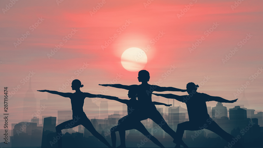silhouette background of group of people having yoga workout outdoors ...