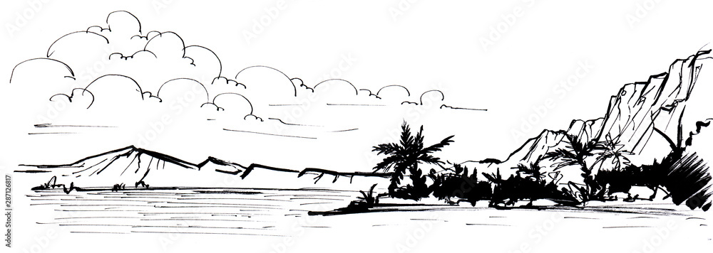 Black and white hand drawn exotic landscape background. Peninsula with ...
