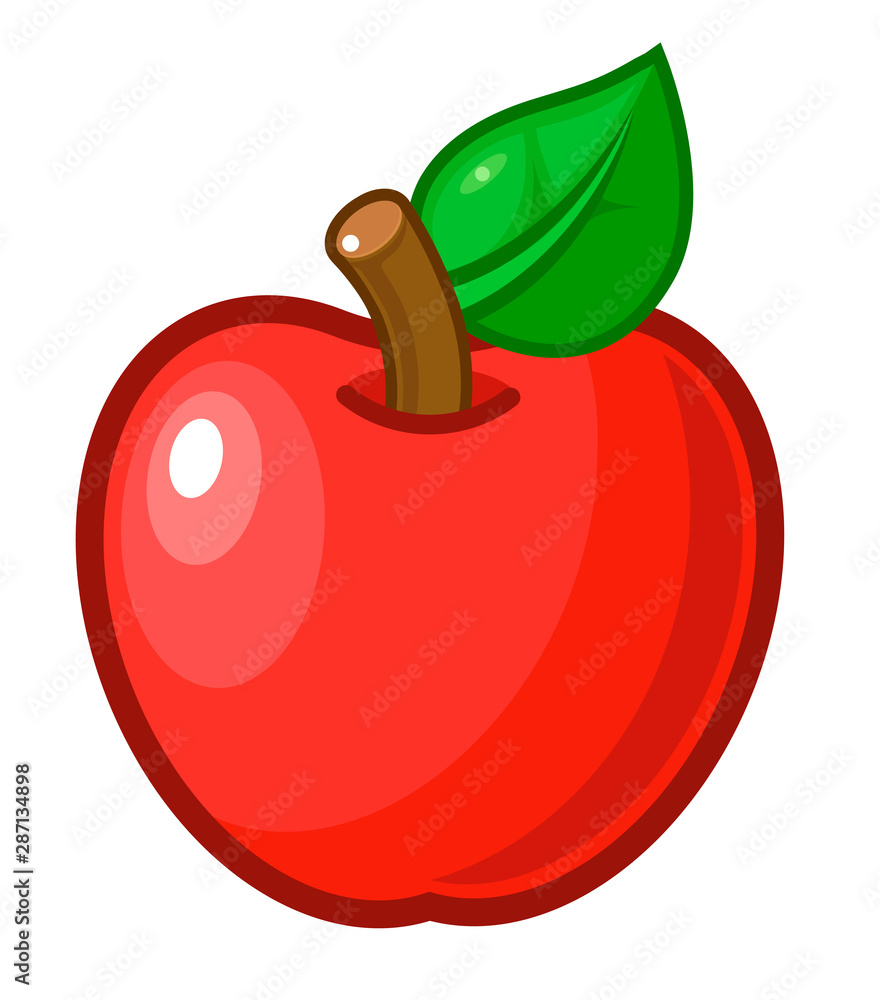 Vector illustration. Red apple with stem and leaf. Cartoon sticker in ...