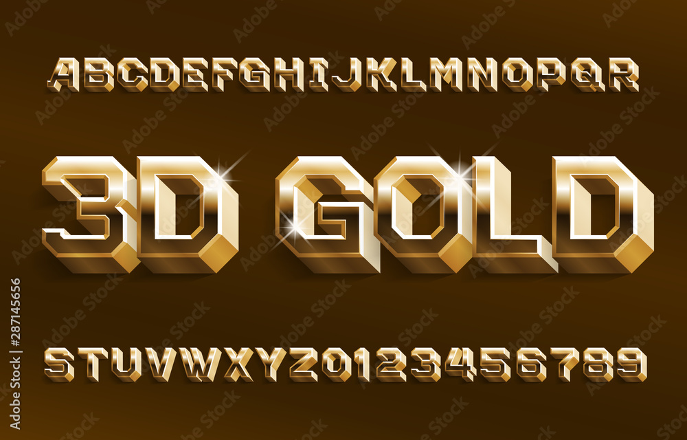 3D gold alphabet font. Shiny golden beveled letters and numbers. Stock ...