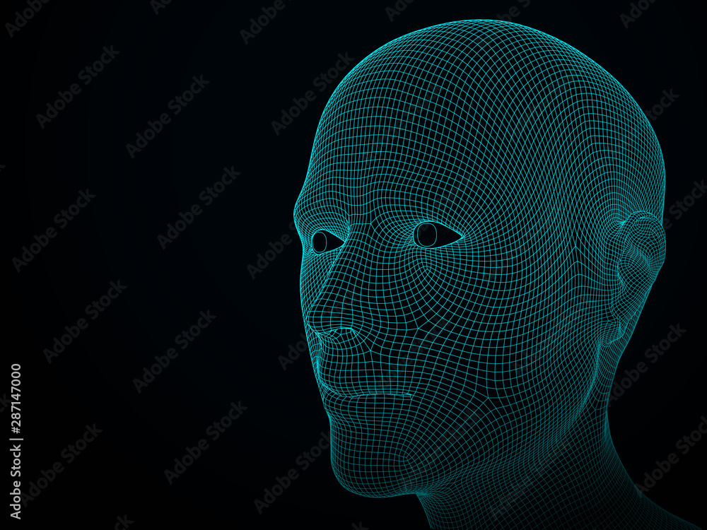 3D vector head from grid. Artificial intelligence. 3D Geometric Face ...