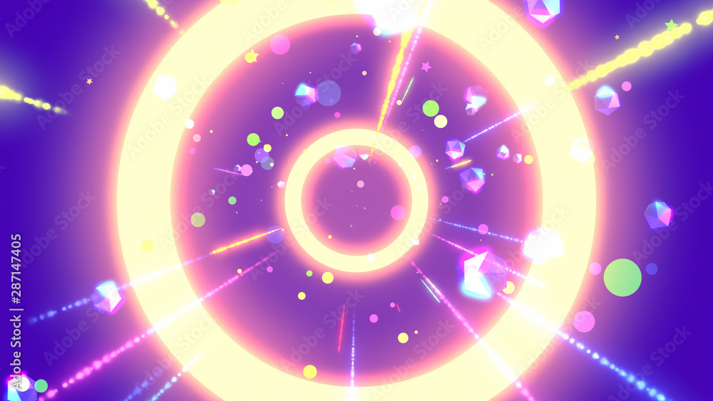 Purple neon geometric world with glowing icosahedrons, dots, stars ...