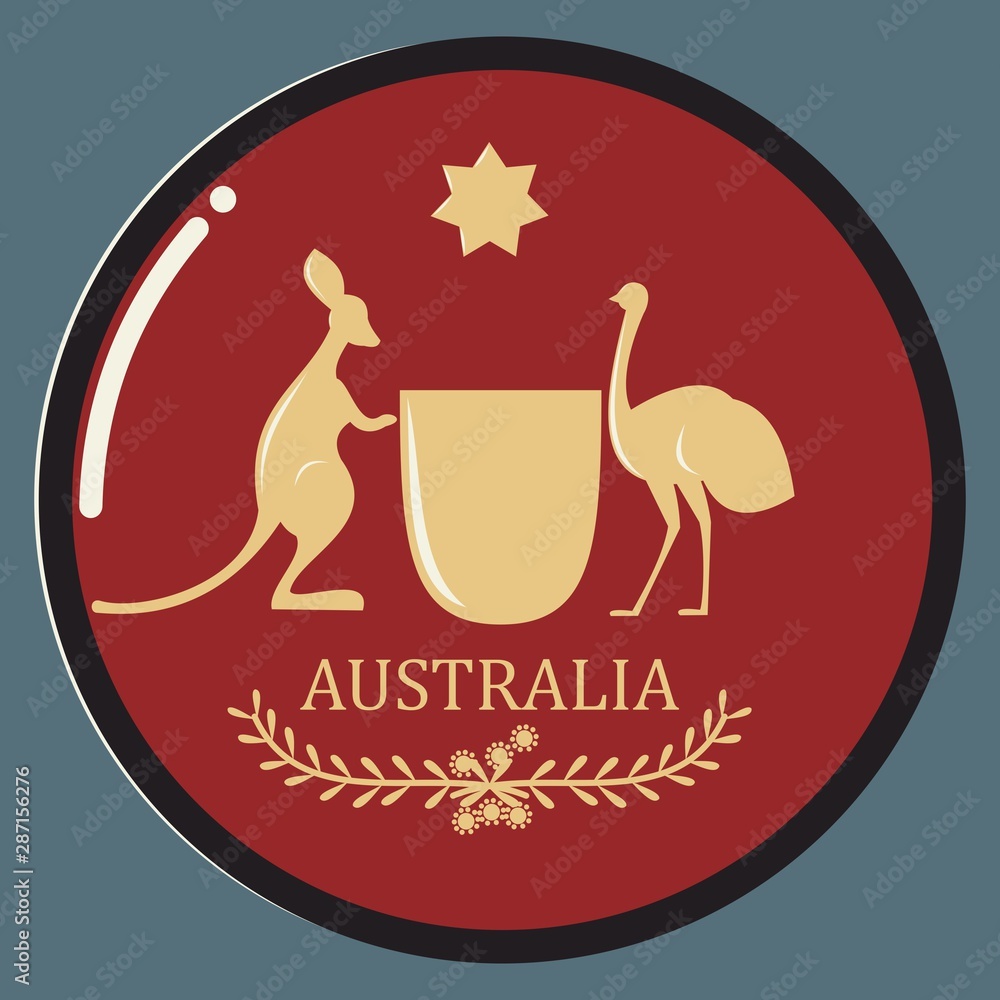 Simplified Australia coat of arms in gold on a red background in the ...