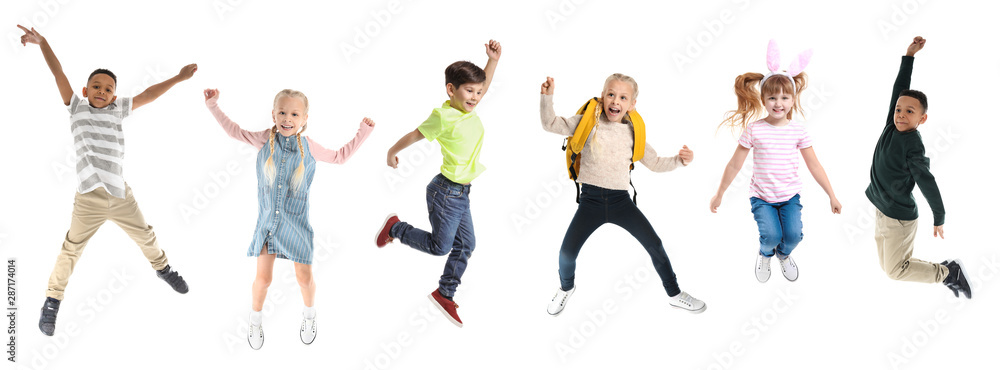 Different jumping children on white background Stock Photo | Adobe Stock