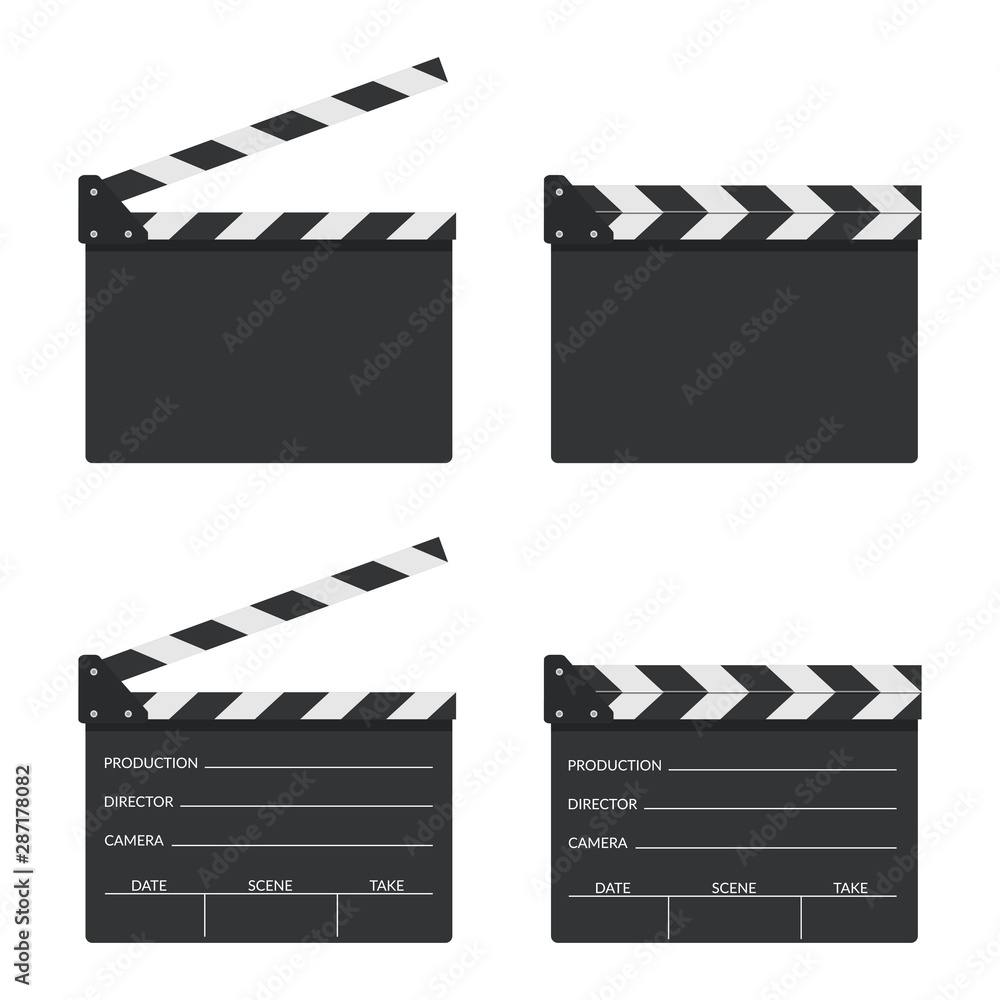 Set of blank movie clapper board icon in flat style. Movie, cinema ...