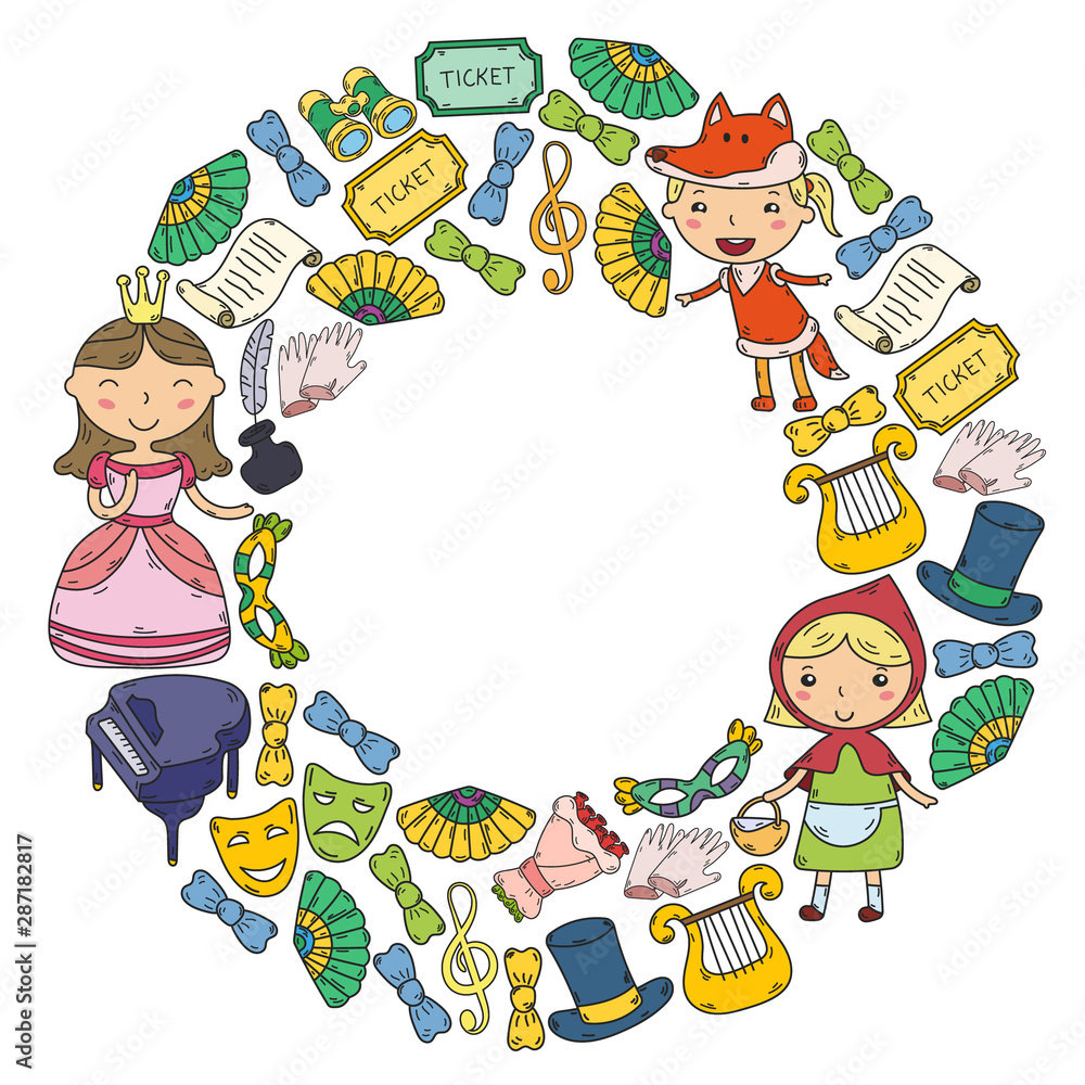 Children theatre patterns. Elements for design on the theatre. Doodles ...