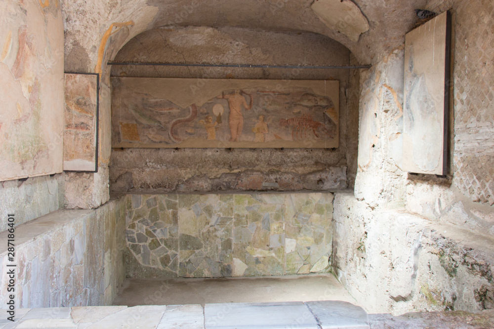 Painting in frigidarium basin inside the Terme dei Sette Sapienti in ...