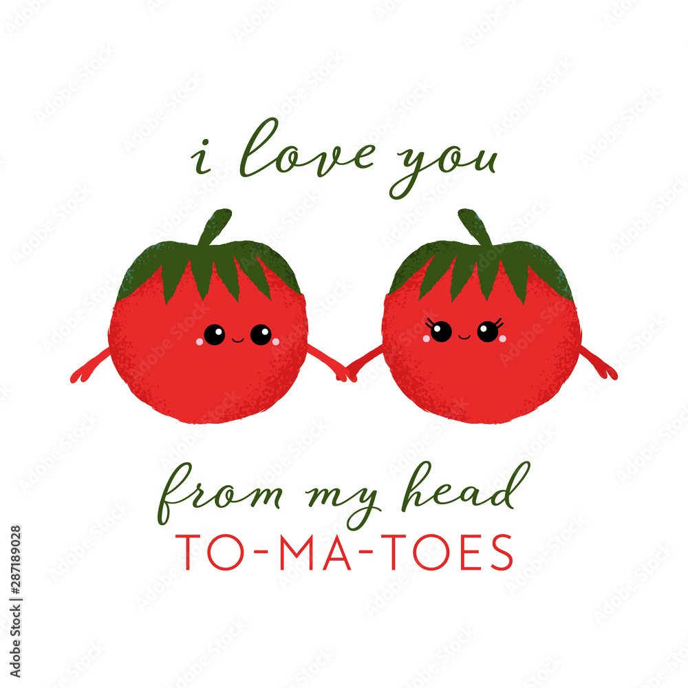 Vector illustration of 2 tomato characters holding hands with the funny ...