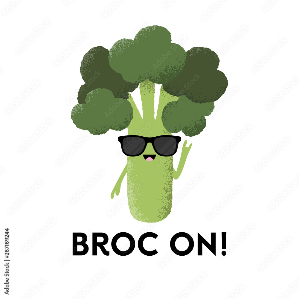 Vector illustration of a broccoli character wearing sunglasses with the ...