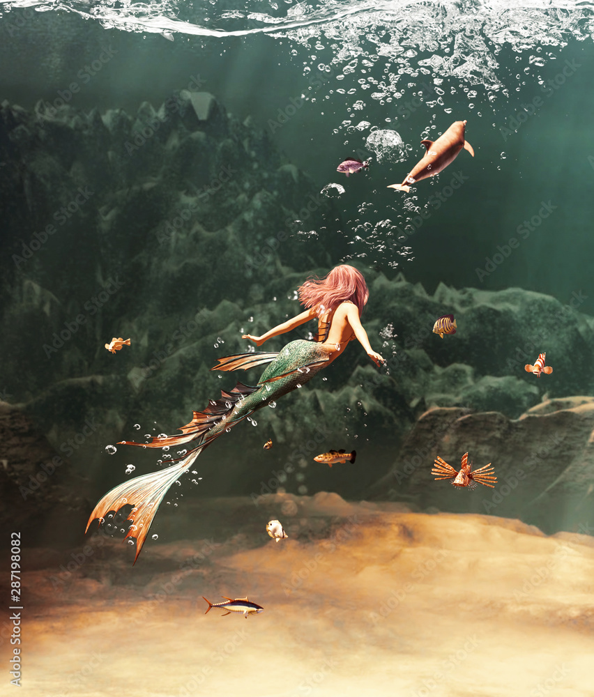 3d Fantasy mermaid in mythical sea,Fantasy fairy tale of a sea nymph,3d ...