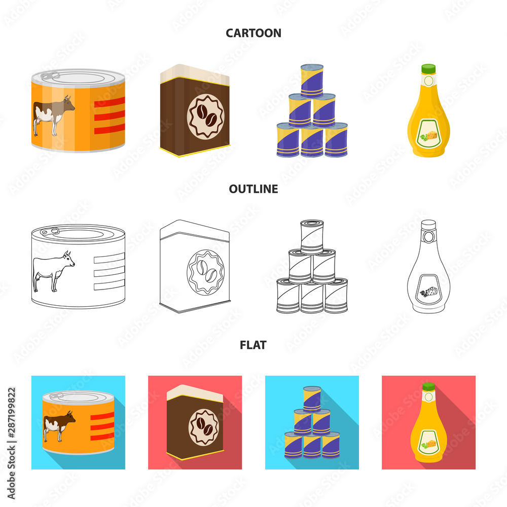 Vector illustration of can and food sign. Set of can and package vector ...