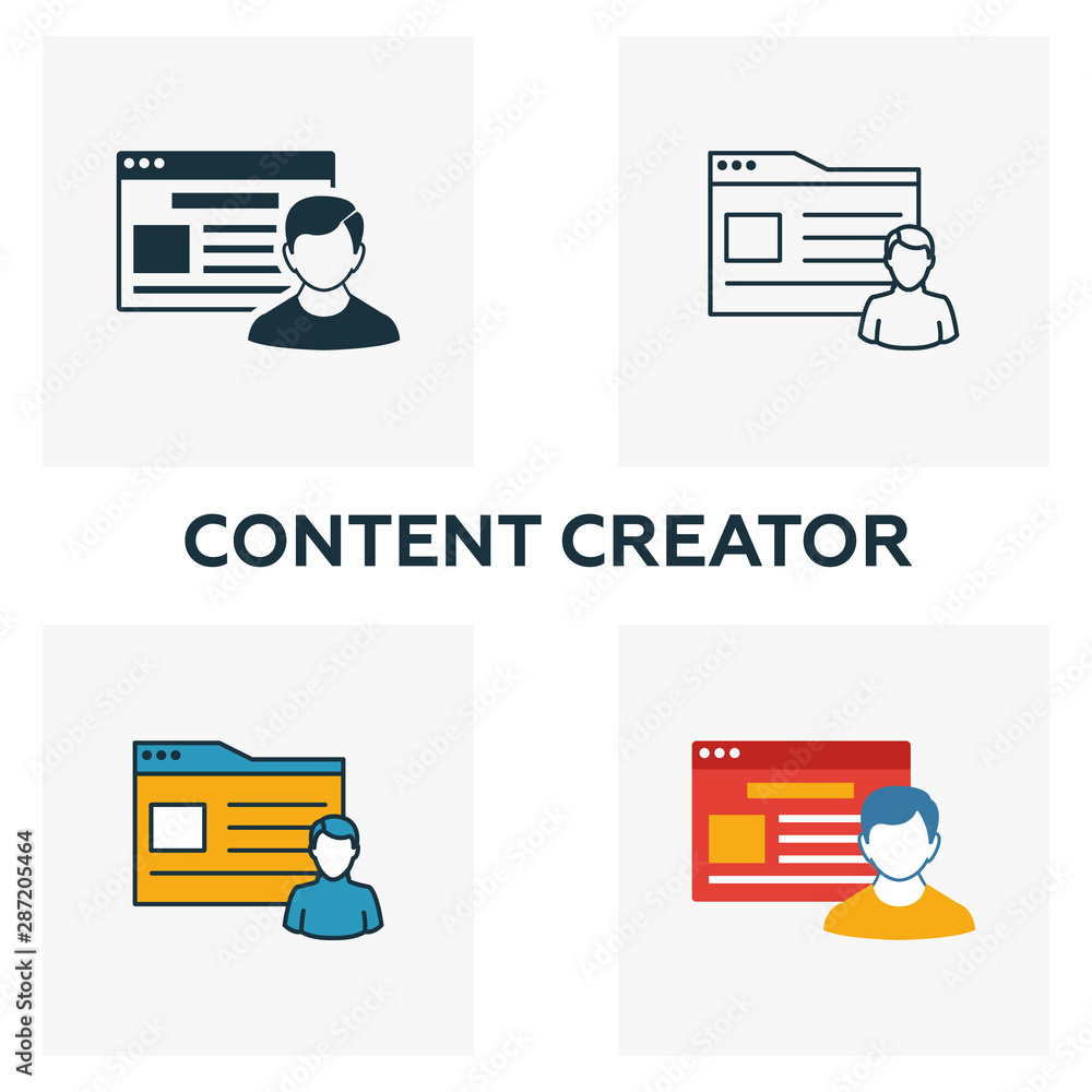 Content Creator icon set. Four elements in diferent styles from content ...